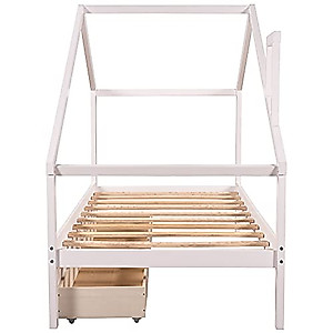 YuiHome Wooden Daybed for Kids Teen, Twin Size House-Shaped Daybed with Two Pull-Out Drawers and Roof, Can be Decorated,White