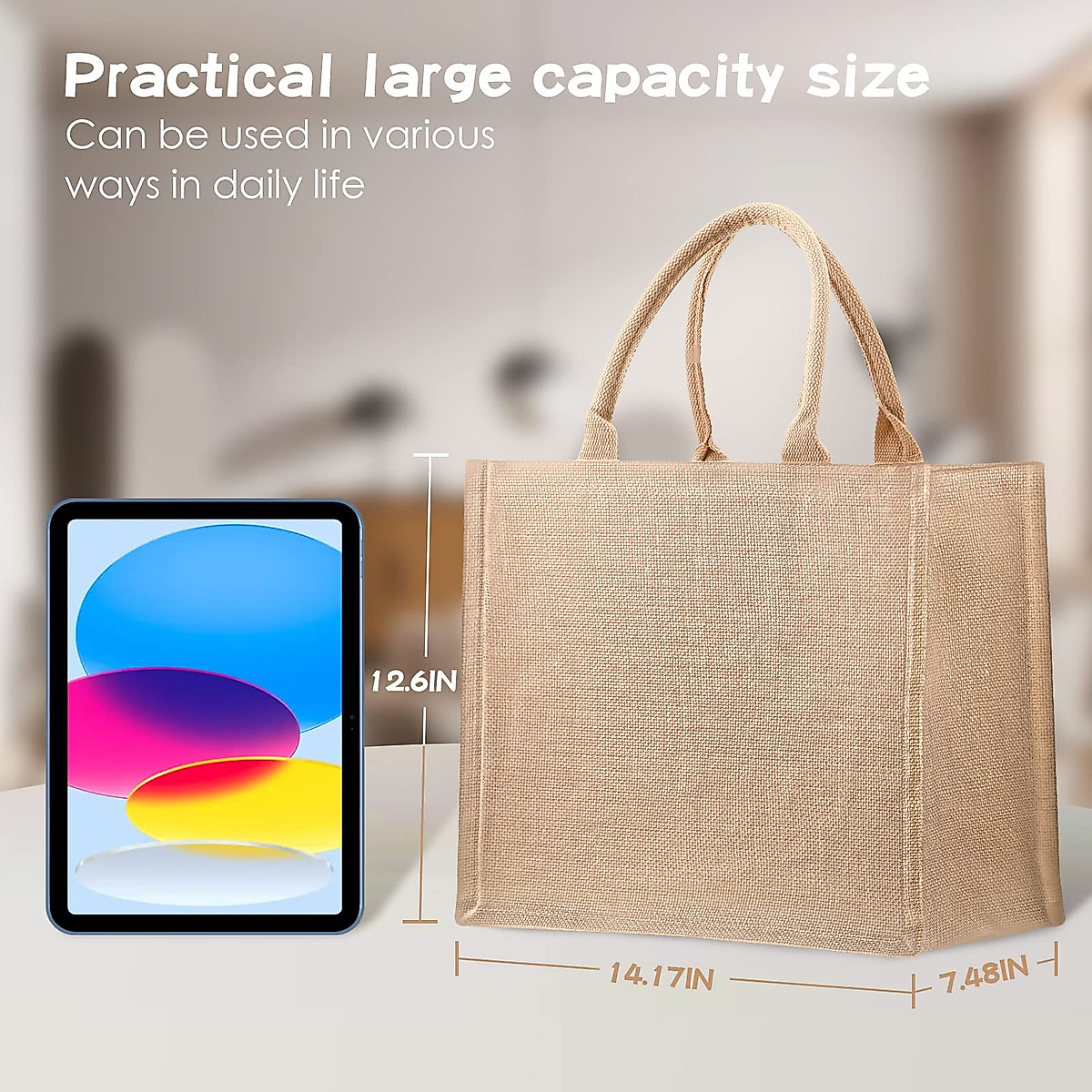 Amylove 8 Pcs Burlap Tote Bag Large Beach Jute Bags Bulk with Top Zipper Closure Blank Reusable Burlap Grocery Bag Water Resistant for Bridesmaid Gift Travel Shopping DIY Craft, 14.17 x 12.6 x 7.48 in