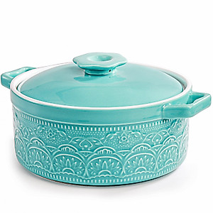 Elsjoy 2 Quart Ceramic Casserole Dish with Lid, 7.5 Inch Round Covered Casserole Pot Oven Safe Glazed Ceramic Baking Dish, Lace Emboss Bakeware Stew Pot for Soup, Dinner, Non-Stick