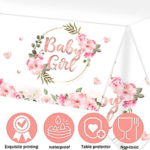 ssailue decor Girl Baby Shower Decorations Floral Baby Girl Tablecloths 3 Pieces Plastic Disposable Floral Gold Baby Table Covers for Rectangle Tables Floral Boho Rustic Girls Party Supplies