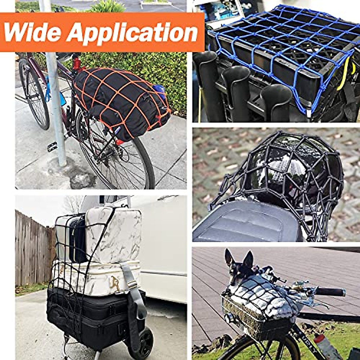 Thewinio Cargo Net 15"x15" Stretches to 30"x30" with Thicken Hooks | Natural Latex Core, Tight 2”x2” Mesh Small Heavy Duty Bungee Net for Motorcycle Helmet, Bike, ATV, UTV, Luggage (Red, 2 Pack)