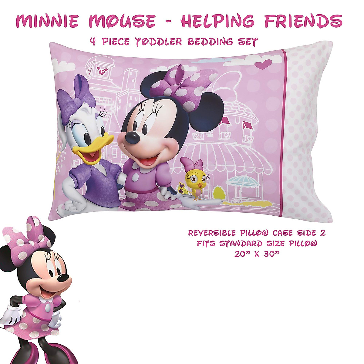 Disney Minnie Mouse Helping Friends 4 Piece Toddler Bedding set - Fitted Sheet, Pillow Case, Top Sheet, and Comforter Quilt - Pink