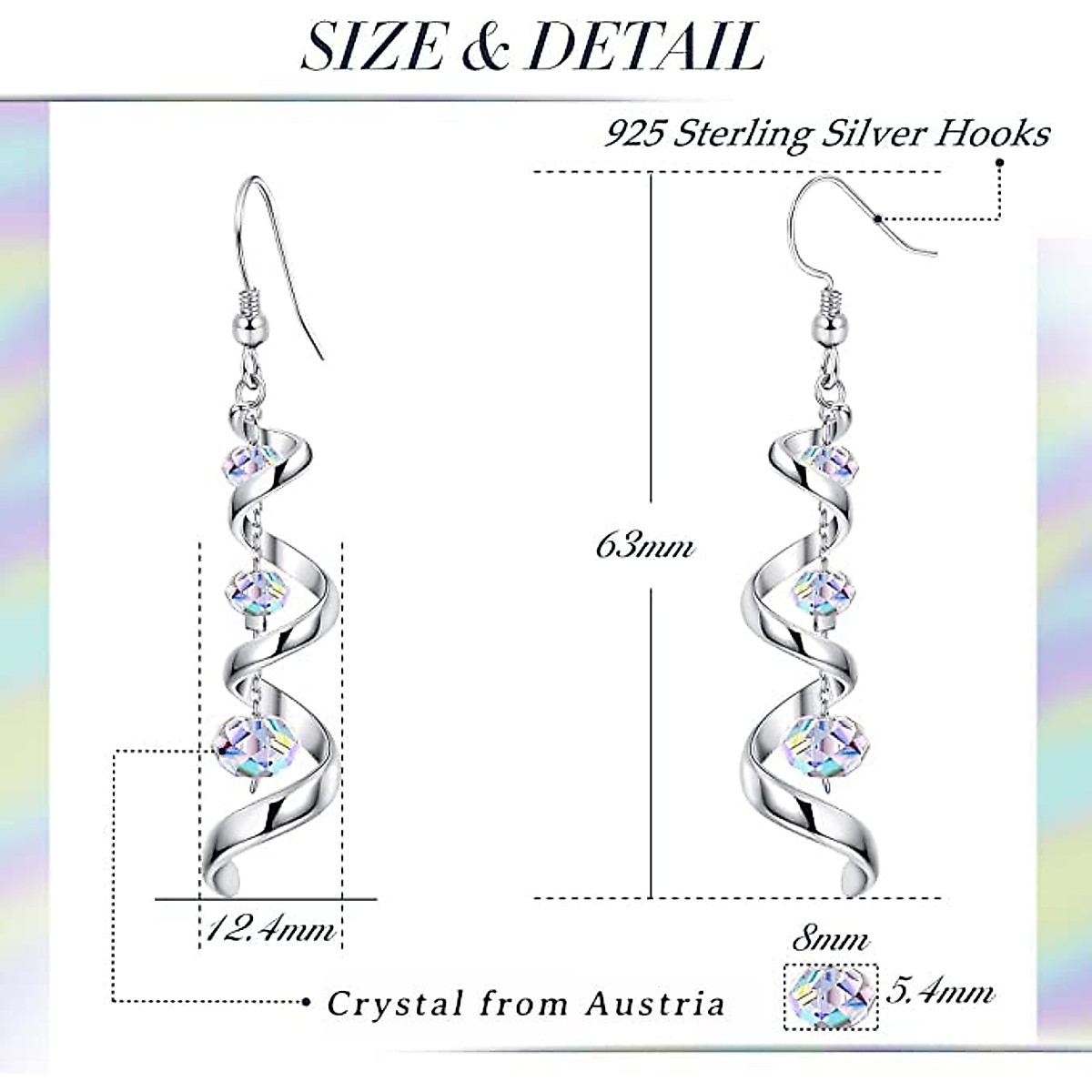 PATISORNA 925 Sterling Silver Austria Crystal Eardrop Dangle Earrings for Women Spiral Ribbon Multi Teardrop Drop Dangly Earrings Sparkly Long Dangle Earrings Jewelry Gifts for Her Silver