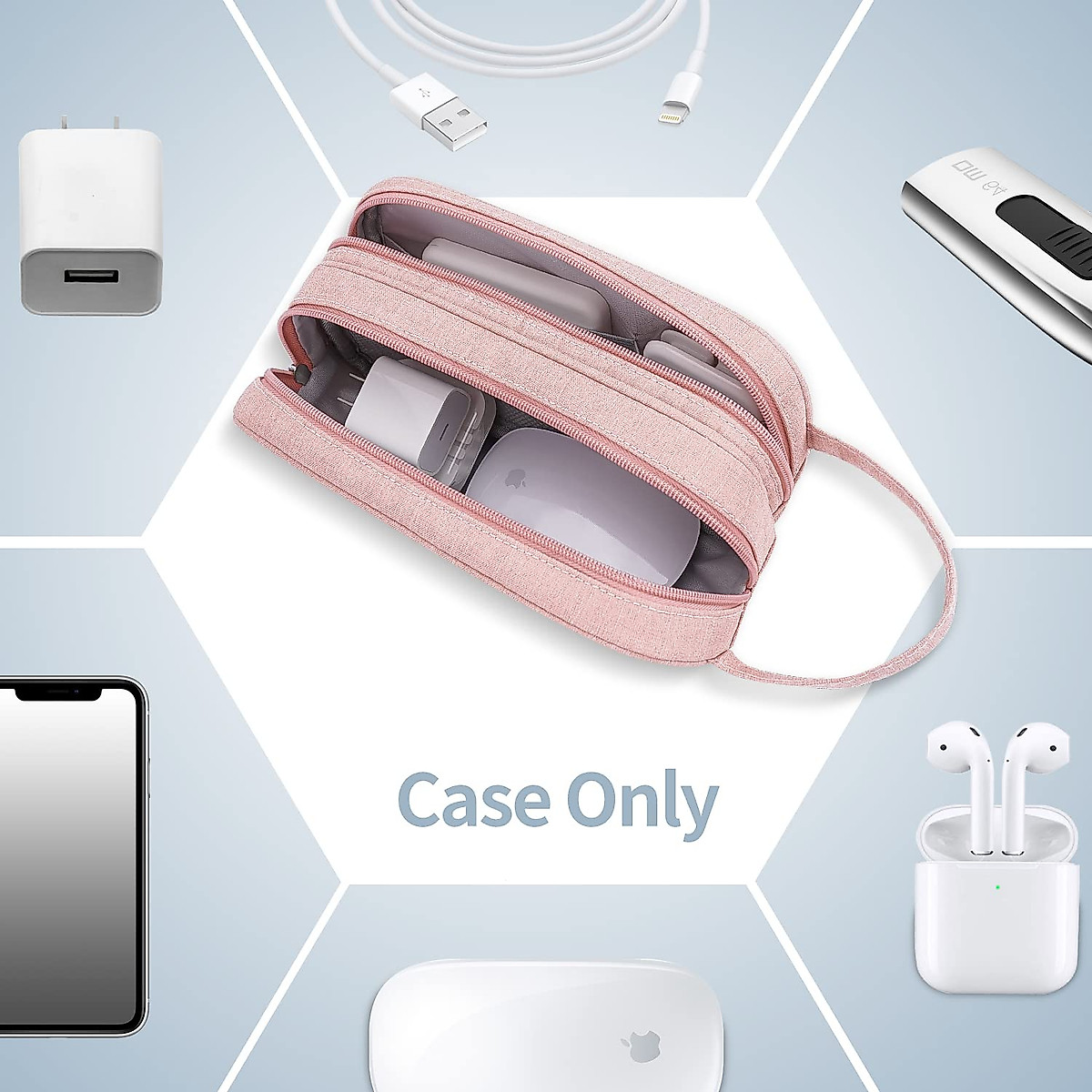HESTECH Electronic Organizer Travel Case Cord Organizer Traveling Bag Tech Organizer Pouch for Charging Data Cable,Charger,Phone,Power Bank,Mouse,USB Flash Drive,Earphone,Pink with 5PCS Cables Ties