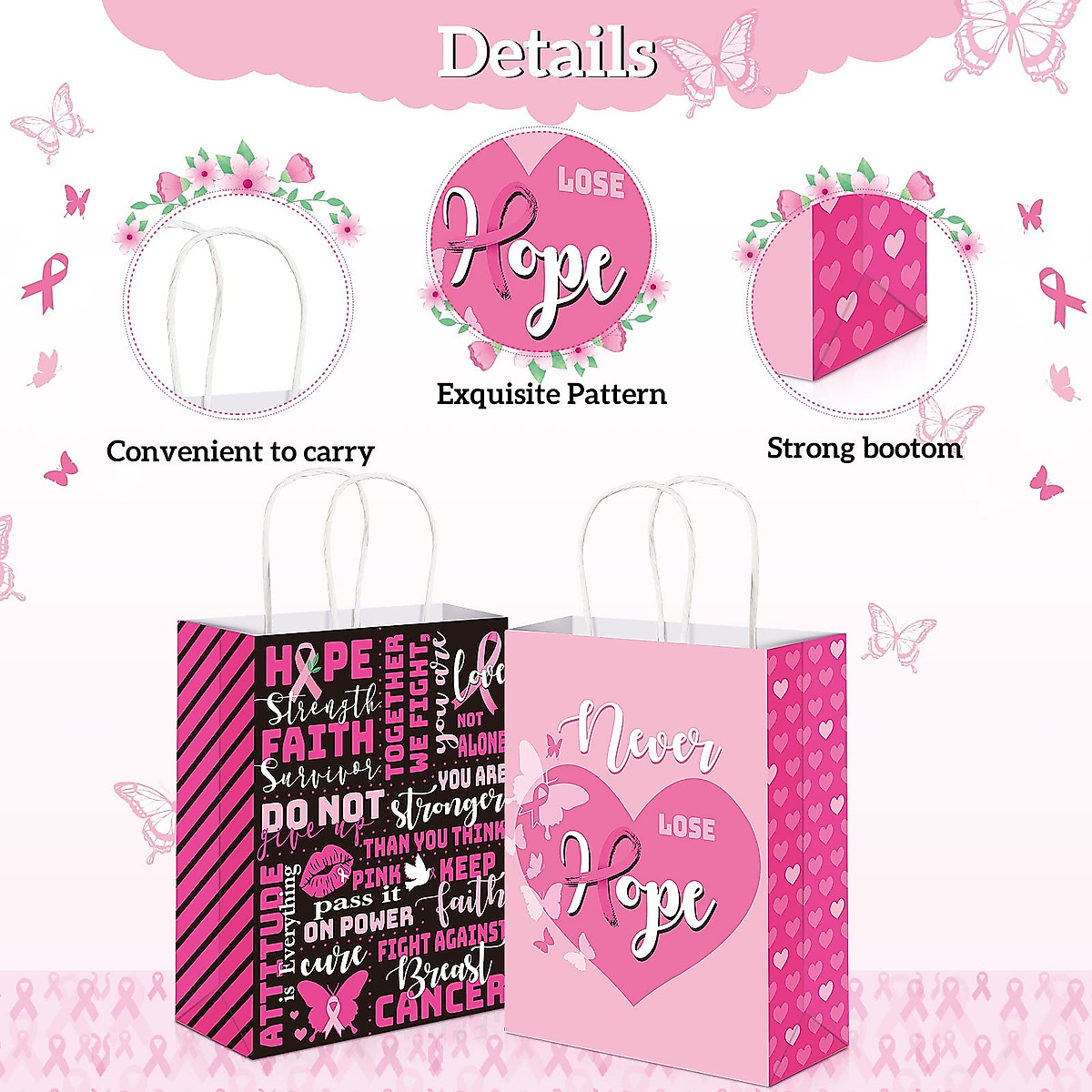 18 Pieces Breast Cancer Awareness Gift Bags, Pink Ribbon Awareness Paper Bags Breast Cancer Bags Pink Ribbon Gift Bags for Women Breast Cancer Awareness Gifts Charity Event Party Supplies