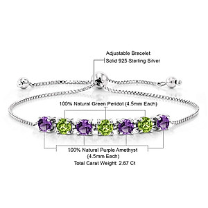 Gem Stone King 925 Sterling Silver Purple Amethyst and Green Peridot Tennis Bracelet For Women (2.67 Cttw, Gemstone Birthstone, Round Cut 4.5MM, Fully Adjustable Up to 9 Inch)