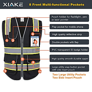 XIAKE 9 Pockets High Visibility Safety Vest Black with 2 Inch Dual Tone Reflective Strips - Yellow Trim, Zipper Front, ANSI Standards, Large