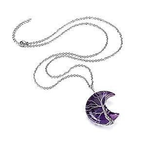 PESOENTH Amethyst Crystal Necklace Healing Crystal Moon Necklace Life Tree Wire Wrapped Natural Purple Crystal Stone Necklace Reiki Spirtual Quartz Crescent Moon Pendant for Women Men Jewelry Gift