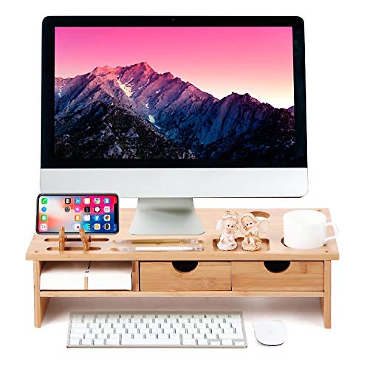 Monitor Stand Riser Desk Organizer-Bamboo 2 Tier Laptop Stand with Drawers, Adjustable Desktop Storage Organizer for Computer, Printer, Cellphone-Use in Office,Home/Reduce Neck &Eye Strain(Fawn)