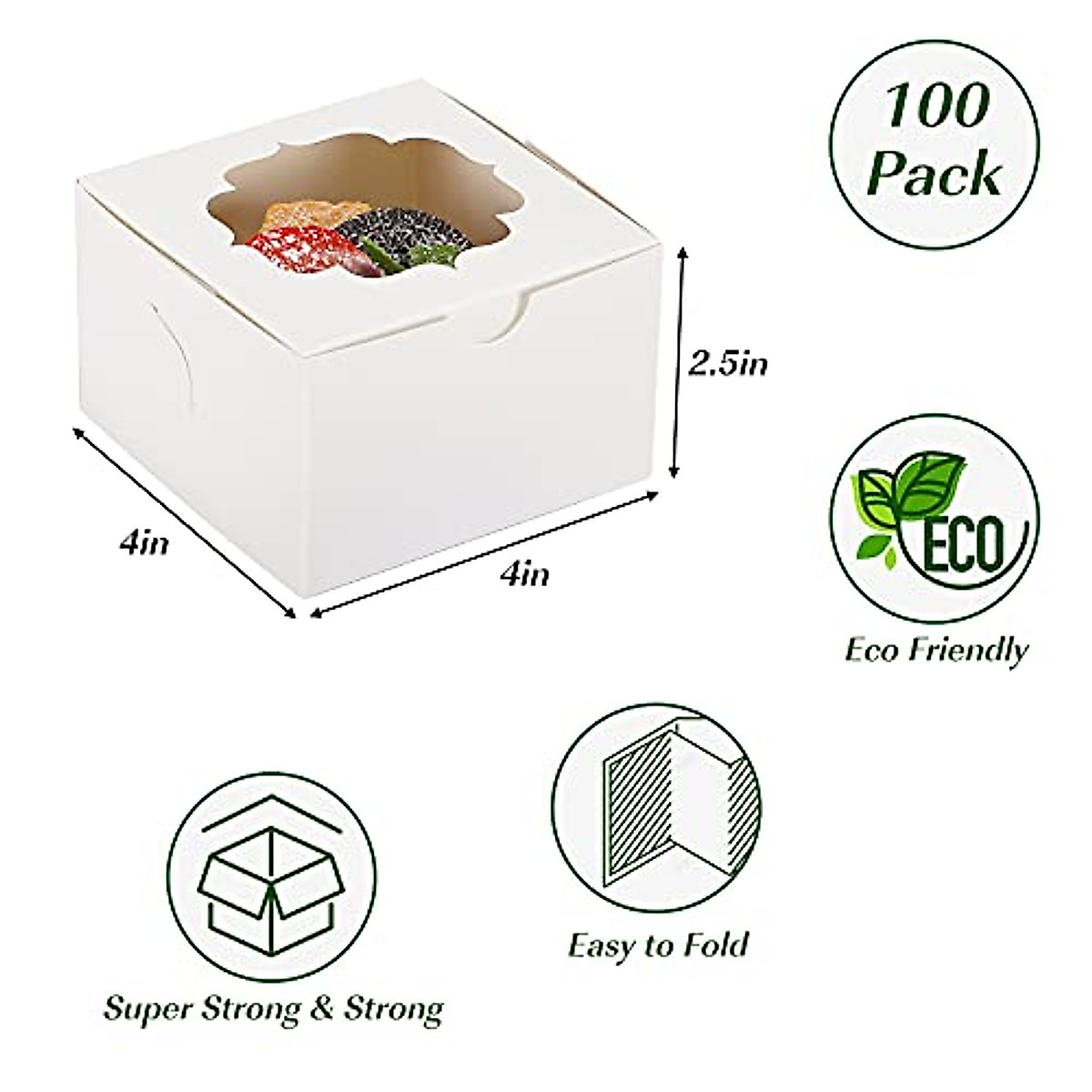 TOMNK 100pcs 4 Inches White Bakery Boxes Cookie Boxes Kraft Baking Box with Window for Cupcakes Candy Chocolate Strawberries Muffins Donuts and Party Favor 4x4x2.5 Inches