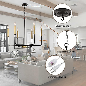 HOXIYA DIMMABLE Plug in Chandelier with Cord 25.6", Black and Gold 6 Light Modern Farmhouse Chandelier for Dining Room, Rustic Retro Hanging Ceiling Lighting Pendant Light Outdoor Gazebo Porch Bedroom