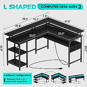 Rolanstar Computer Desk L Shaped with LED Strip & Power Outlets, Reversible L Shaped Computer Corner Desk with Monitor Stand, Home Office Gaming Desk with USB Port&Hook, Black