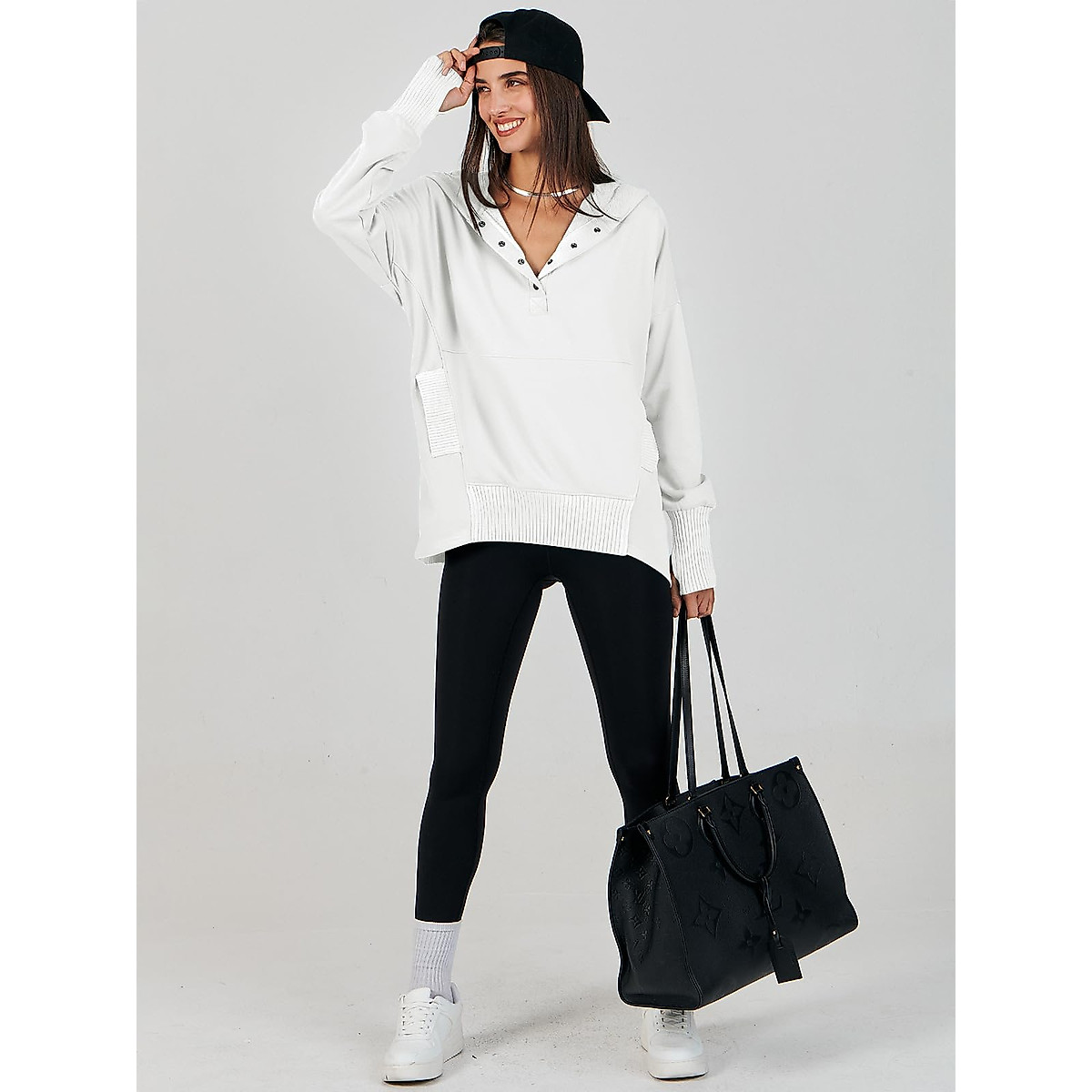 ANRABESS Women Casual Oversized Hoodies Sweatshirts Henley V Neck Hooded Pullover Sweater Tops 2024 Fall Outfits Clothes 1059benbai-M White
