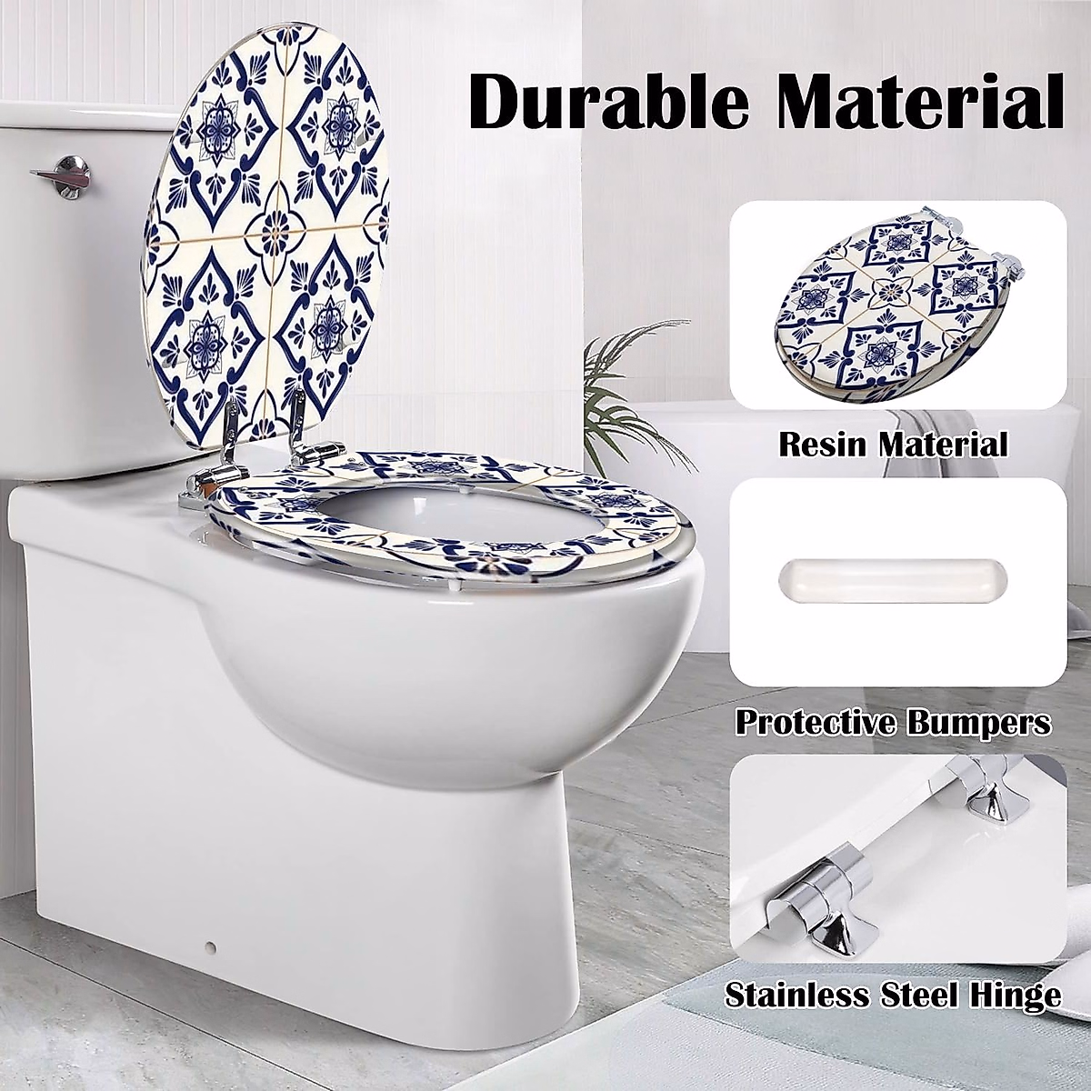 Elongated Toilet Seat Spanish tile pattern seamless blue white ornament Portuguese mexican Resin Toilet Seat Quietly Slow Close with Quick-Release Hinges Toilet Seat with Cover Easy to Clean Install