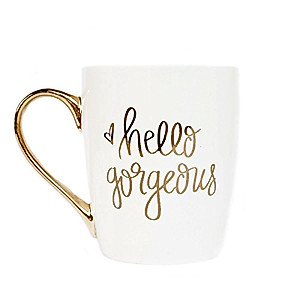 Sweet Water Decor Cute Coffee Mugs with Golden Handle | Girly Make Up & Mascara 16oz China Coffee Cup with Quote | Embellished with Real Gold & Microwave Safe (Hello Gorgeous)