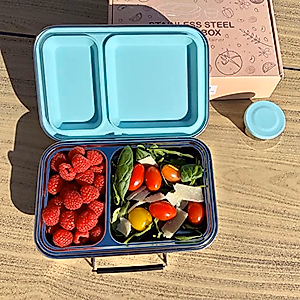 WEST BROS Stainless Steel Lunch Box and Dip Container - Premium Metal Bento Box - Stainless Steel Food Container with 2 Compartments - Modern Leakproof Snack Lunch Set (Blue)
