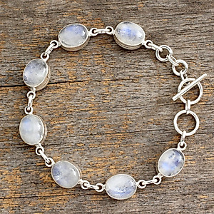 NOVICA Artisan Handmade Rainbow Moonstone Link Bracelet Sterling Silver White India Birthstone [7 in min L x 7.75 in max L 8 mm W] ' Mysteries'