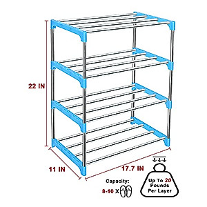 LNYZQUS Upgrade 4 Tier Small Shoe Rack, Kids Show Rack Closet Shoe Organizer,Compact Stackable Shoe Shelf Shoe Stand Floor Shoe Rack for Narrow Space,Zapateras Organizer for Shoes (Blue)