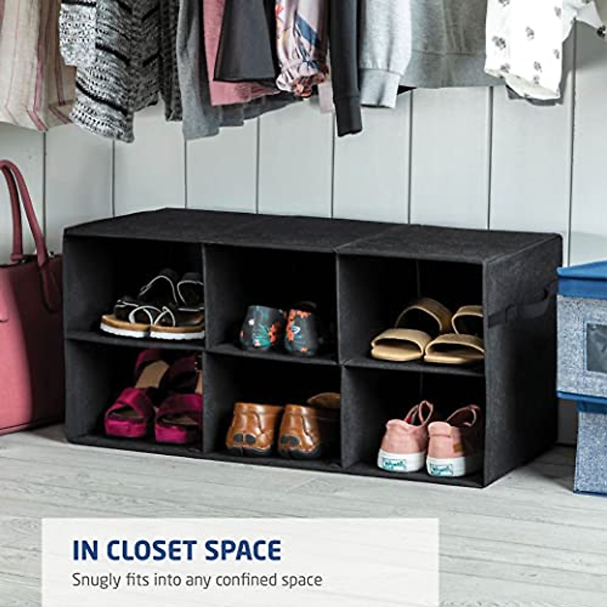 Freestanding Shoe Organizer No Tools Required 6 Big Sections Fits Men's Shoes, Compact For Entryways, Closets Also Ideal For Accessories, Durable Cardboard Covered With Smooth Fabric Foldable Straps