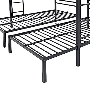 BIADNBZ Triple Bunk Bed Full Over Twin&Twin with Built-in Shelf and 2 Ladders, 3 in 1 Metal L-Shaped Bunkbeds for Kids Teens Adults Bedroom, Black