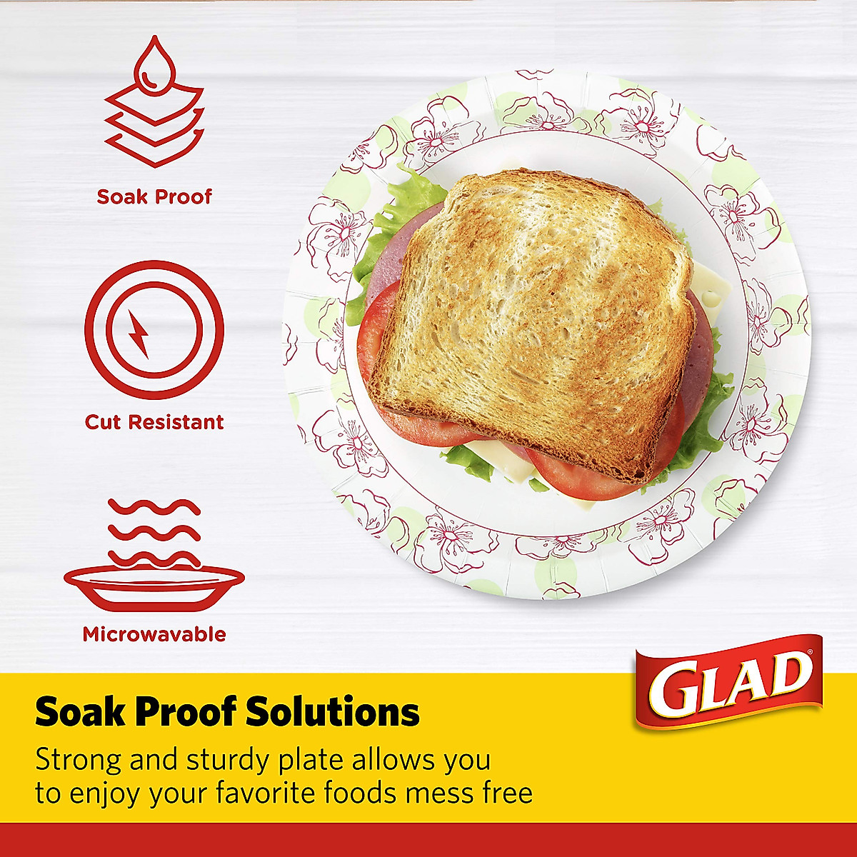 Glad Disposable Paper Plates for All Occasions | Round Soak Proof, Cut Proof, Microwaveable Heavy Duty Disposable Plates | 8.5" Diameter, 50 Count Bulk Paper Plates, Pink Flower Print