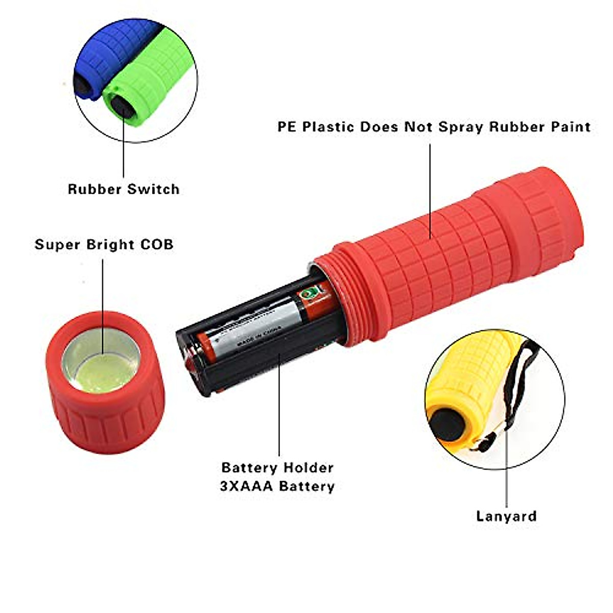 30-Pack Small Mini Flashlight Set, 5 Colors, COB LED Handheld Flashlight with Lanyard,90-Pack AAA Battery Included for Kids/Night Reading/Party/Camping/Emergency/Hunting