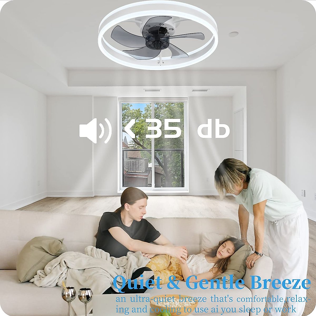 DewShrimp Flush Mount Ceiling Fan with Lights Bladeless Ceiling Fan with Bluetooth Speaker App and Remote Control Low Profile Ceiling Fan LED Stepless Dimming 3 Colors 6 Speeds Reversible 19.8