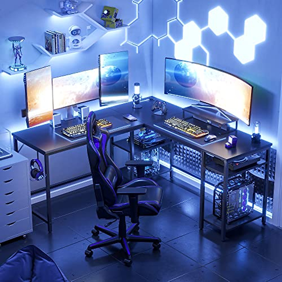 CubiCubi L Shaped Desk with Storage, 94.8 Inch Reversible Corner Computer Desk or 2 Person Long Table Desk, Home Office Large Gaming Writing Storage Workstation with Monitor Stand, Black