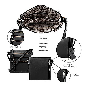 Double Compartment Multi-Zipper Triple Zip Pockets Concealed Carry Crossbody Bag with Lock and Key | Black
