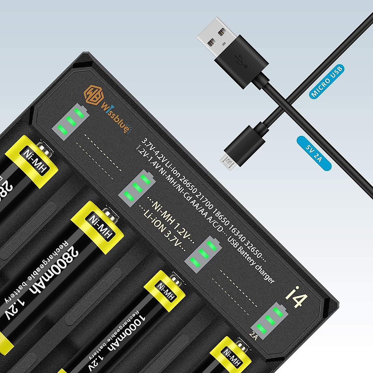WISSBLUE 18650 Battery Charger 4port, 3.7v/1.2v 2A Fast Charger for 26650 18650 18490 18350 17670 17500 16340 14500 Li-Ion Batteries, RCR123A, Ni-MH Ni-Cd A AA AAA