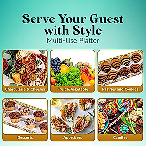 Disposable Serving Trays and Platters Set, Pack of 4 - 7.5 x 14 Inches White Plastic Rectangular Tray with Gold Lace Rim - Decorative Plastic Dessert Trays for Dessert Table, Parties, Weddings