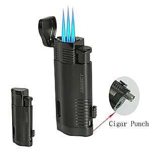 AMANCY Elegant Handmade Brown Leather Cedar Wood Lined 4 Cigar Humidor Case with 3 Triple Jet Flame Cigar Lighter and Cutter，Suitable for Holding Big and Fat Cigars