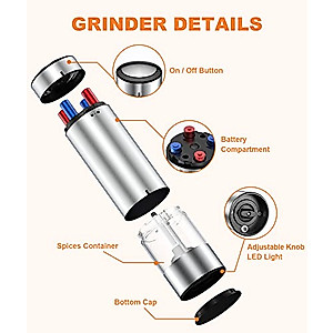 OUWMAN Electric Salt and Pepper Grinder Set, [2 Pack] Automatic Salt and Pepper Grinder Set Battery Powered with LED Light, Adjustable Coarseness Pepper Mill, One Hand Operation, Stainless Steel