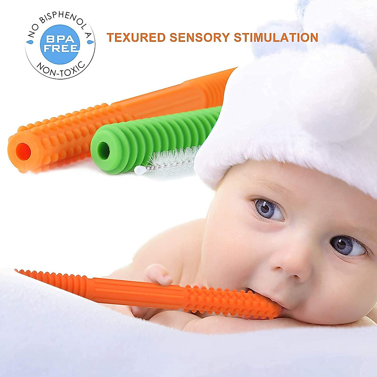 SLGOL Hollow Teether Tube(6.8'' Long), 5 Pack Chew Straw Teething Toys for Infant Toddlers Silicone Tubes Teething Sticks for Babies 3-12 Months, BPA Free