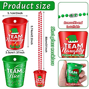 12 Pieces Christmas Shot Glass Necklace on Beaded Team Naughty Team Nice Shot Necklace Glass Plastic Red Beaded Necklace with Drinking Cup Green Shot Glasses for Christmas Party Decorations Supplies