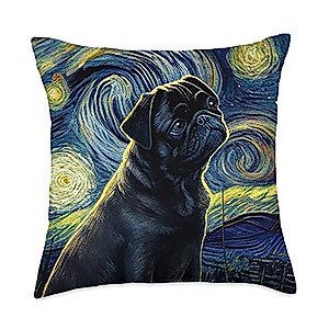black Pug Pet Love Fun Black Pug in Starry Night Painting Dog Mom Dad Throw Pillow, 18x18, Multicolor