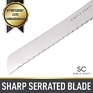 Simple Craft 13-Inch Serrated Bread Knife - Ultra Sharp Stainless Steel Serrated Knife With Comfortable Grip Handle - One Piece Bread Knife For Homemade Bread For Loaves, Vegetables, & More