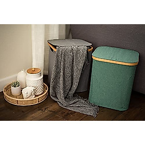 Square Foldable Bamboo Frame Laundry Hamper with Lid, Dirty Clothes Basket, Laundry Room Clothes Organizer 13"x13"x15"