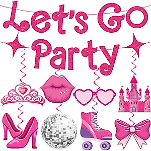 Pink Princess Birthday Hanging Decorations, with 1pcs No Diy Lets Go Party Banner And 8pcs Pink Princess Hanging Swirls, Pink Disco Party Decorations, Pink Bachelorette Party Decorations