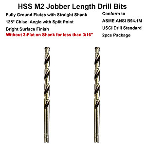MAXTOOL 9/64" 2pcs Identical Jobber Length Drills HSS M2 Twist Drill Bits Fully Ground Bright Straight Shank Drills; JBF02W13R09P2