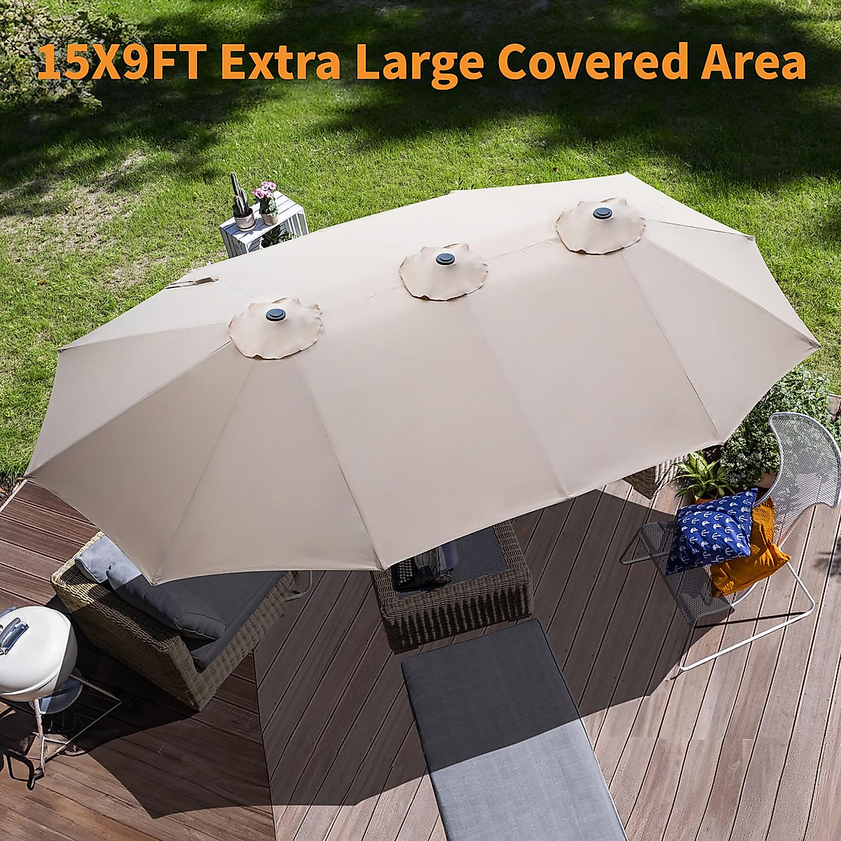 15ft Large Patio Umbrella, Outdoor Double-Sided Market Umbrella with Crank Handle, Patio Table Umbrella, Pool Umbrella, Brown