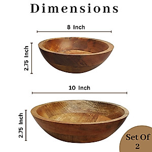 Wooden Bowl For Eating - Wood Popcorn, Salad, Nuts, Pasta, Desert, Soup, Candy Bowl - Farmhouse Decorative - Food Safe - Natural Wood - Set of 2 Bowls (10 inch & 8 inch) - Made In India