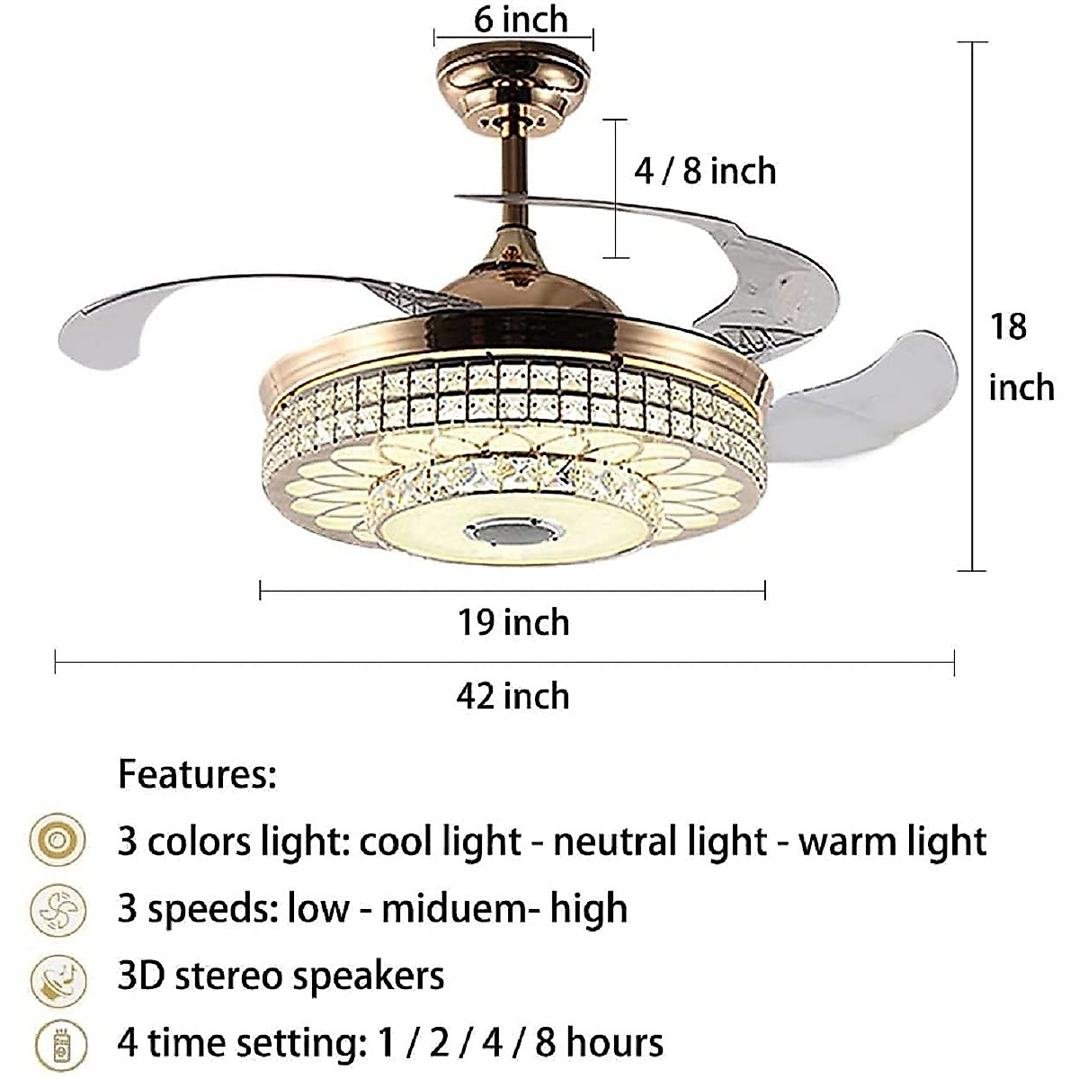 RuiWing 42" Luxury Crystal Fandelier Bluetooth Ceiling Fan with Light and Speaker, Modern Ceiling Fan Chandelier with Remote Control Retractable Invisible Music Player for Living Room
