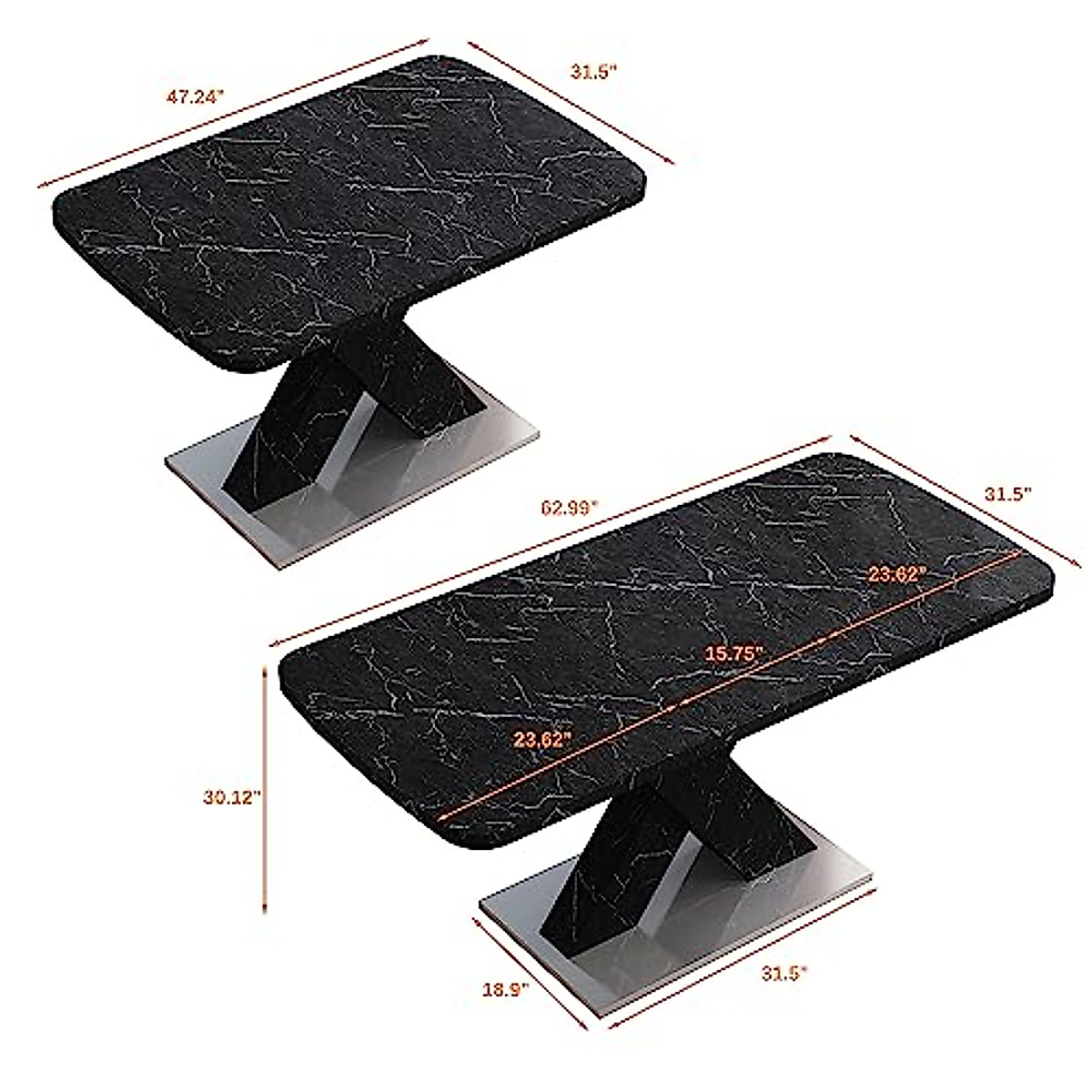 CEMKAR Modern Square Dining Table, 47.24”-62.99" L Stretchable, Printed Black Marble Table Top+MDF X-Shape Table Leg with Metal Base (Black)