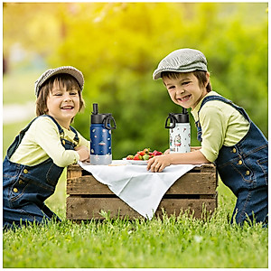 SEMOZOZO Water Bottle with Straw, Kids Water Bottle with Wide Rotating Handle Straw Lid, Wide Mouth Vacuum Insulated Stainless Steel Water Bottle for school ，The blue spaceship