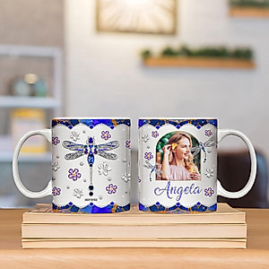 White Ceramic Coffee Mug Photo Mugs Personalized Picture Dragonfly Custom Name Birthday Gifts For Women Friends Mom Novelty Cup Table Desk Accessories Jewelry Style 11 and 15 Oz