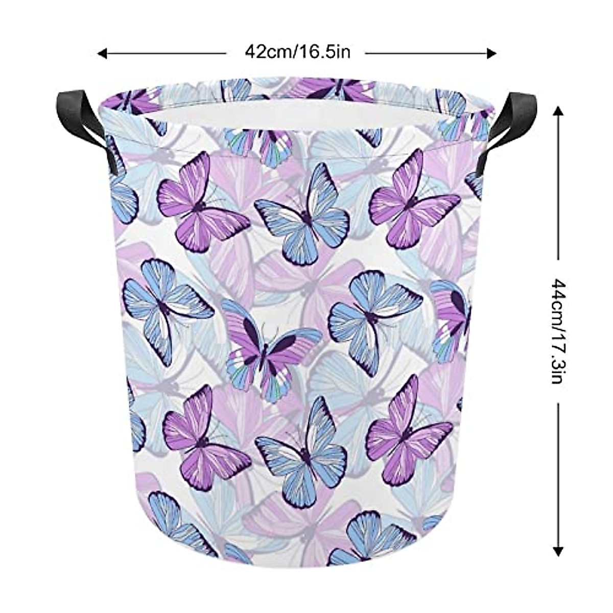 Purple Blue Butterflies Laundry Baskets Collapsible Waterproof Laundry Hamper with Handles Round Toy Bin for Dirty Clothes,Kids Toys,Bedroom,Bathroom