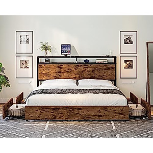 LUXOAK King Size Bed Frame with 4 Storage Drawers, Wooden Platform Bed with 2-Tires Storage Headboard and Charging Station, Noise Free/No Box Spring Needed/Rustic Brown