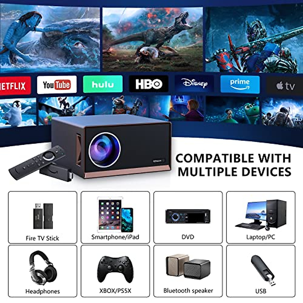 Projector with WiFi and Bluetooth, REPABOW Outdoor Projector 4K Movie Projector Native 1080P Projectors 5G WiFi Home Theater Projector for iOS/Android/Windows/TV Stick/HDMI/Phon/PC/ PS4/ PS5