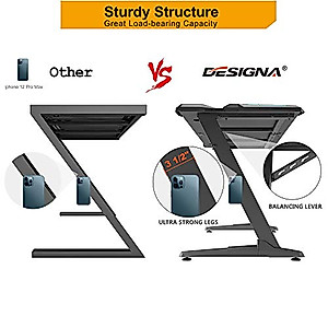 DESIGNA 60" Gaming Desk with RGB LED Lights, Large Z-Shaped Gaming PC Desk with Carbon Fiber Desktop Home Office Computer Game Desk Table for Gamer W Mouse Pad, Cup Holder, Headphone Hook, Black